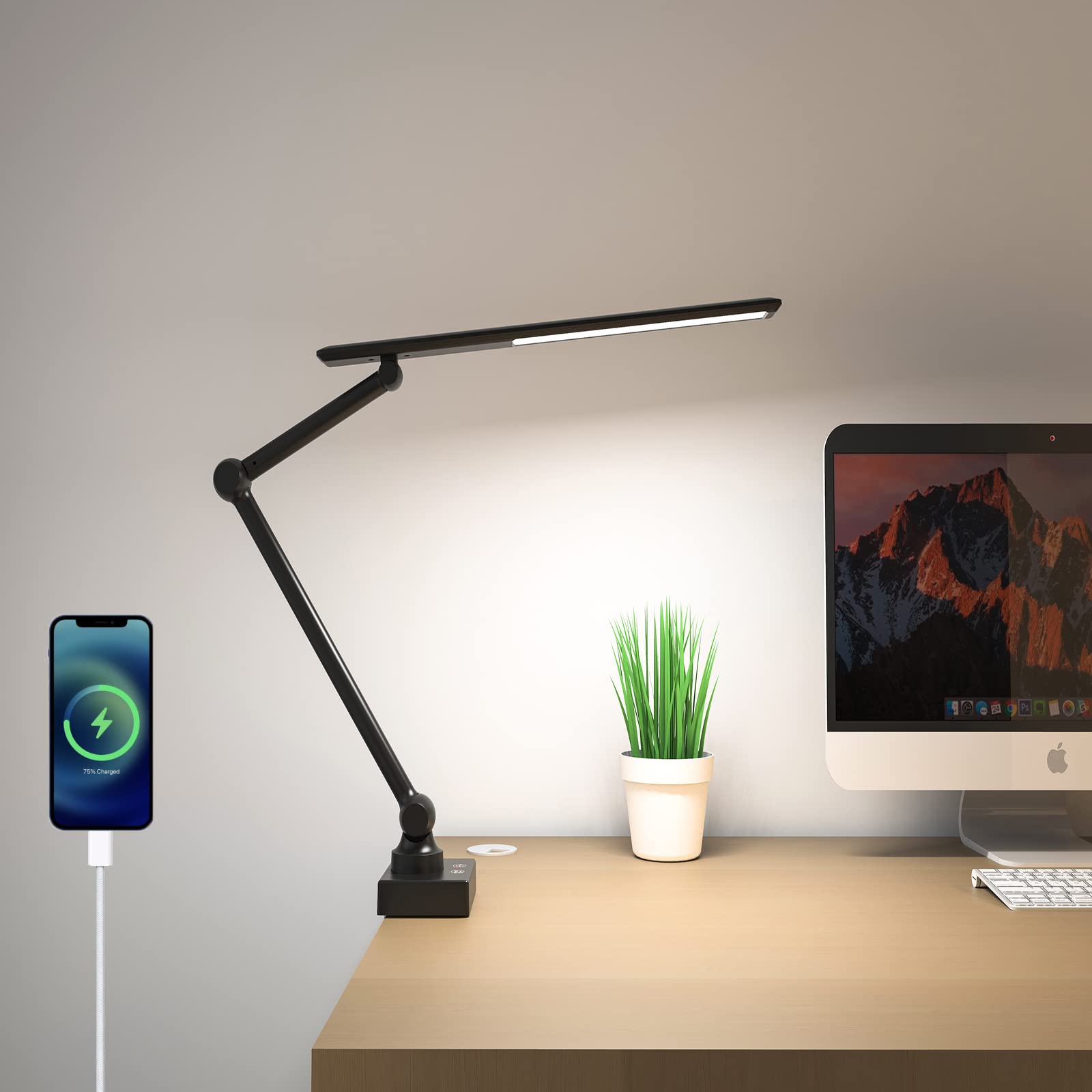 TIWISSES LED Desk Lamp with Clamp,Table Lamp with USB Charging Port,Eye ...