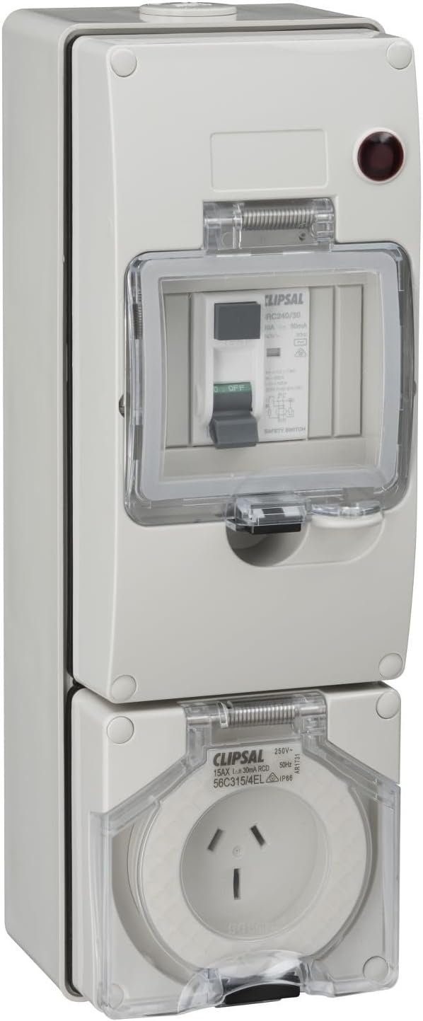 Clipsal 56 Series 15A IP56 RCD 3 Flat Pin Earth Leakage Switched Socket ...