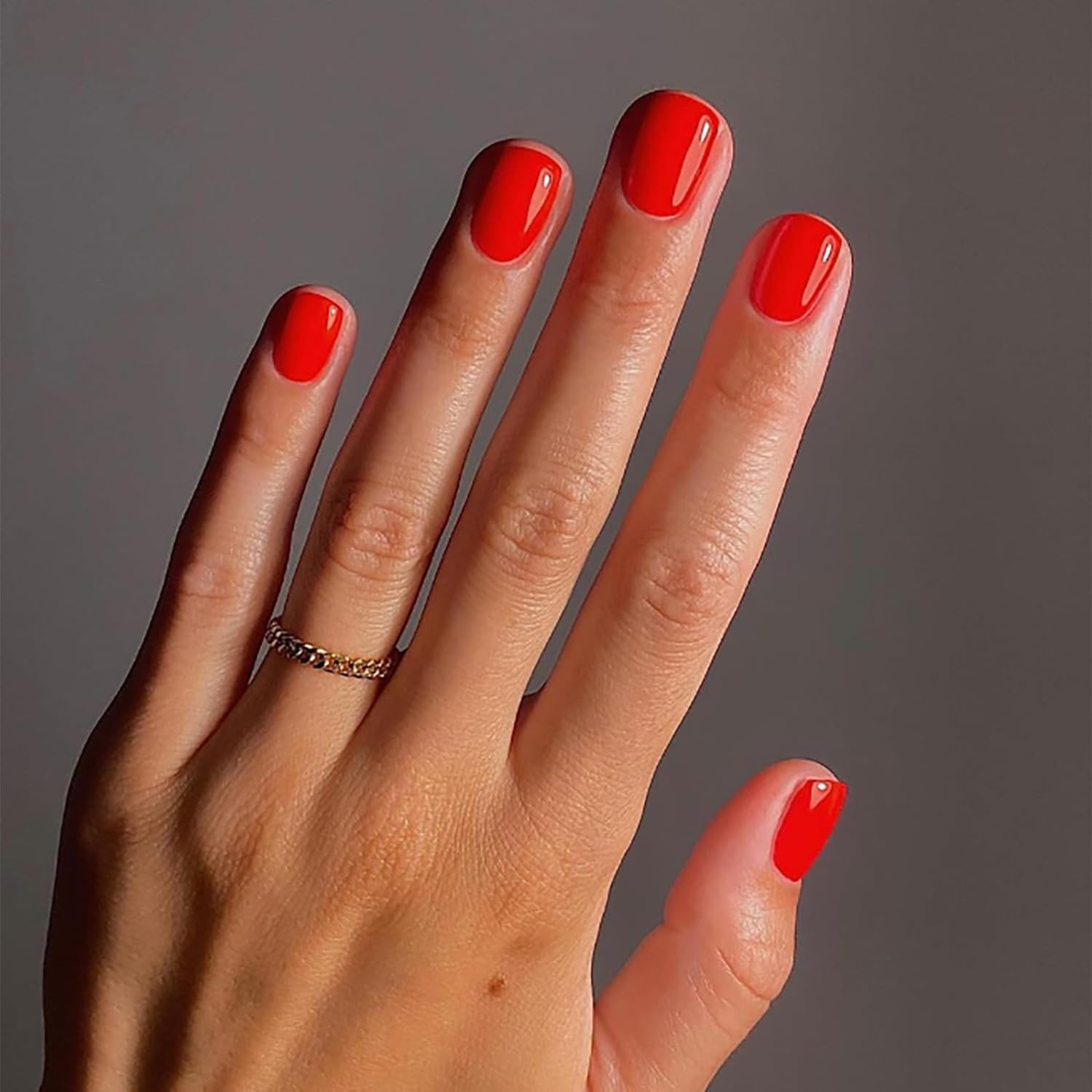 Amazon.com: Short Press on Nails Orange-Red Square Fake Nails Glossy ...