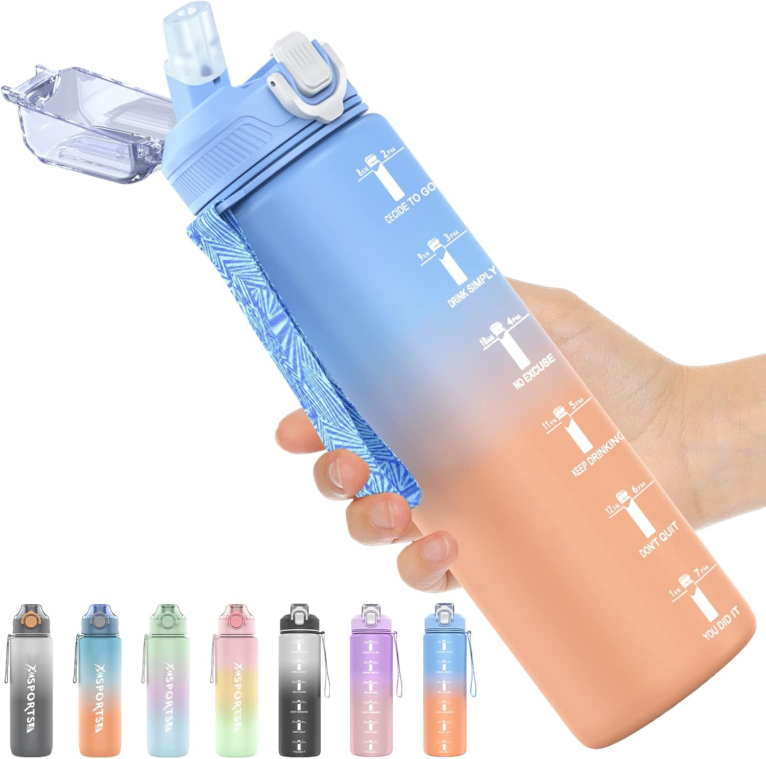 Botella de agua de gran capacidad de 1000 ML, taza de agua deportiva de color degradado ...