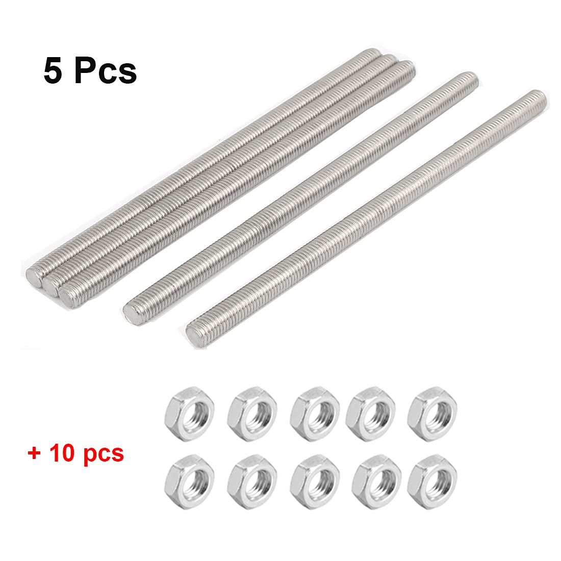 1/4 Steel Rod 5-Pack M10x200mm Stainless Threaded Rods + 10 Hex Nuts ...