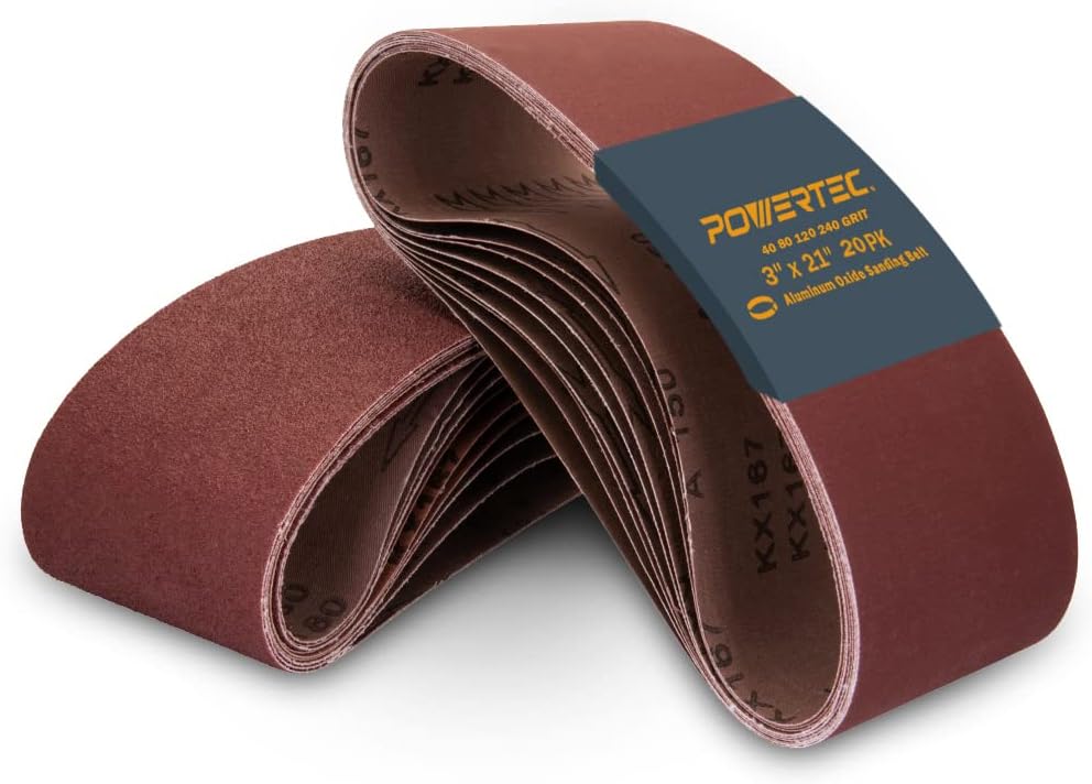 POWERTEC 3 x 21 Inch Sanding Belts, 20PK, 5 Each of 40/80/120/240 Grits ...