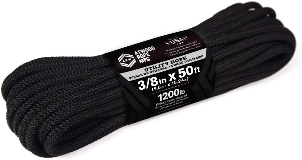 Atwood Rope MFG 3/8” inch 50ft Braided Utility Rope. Black, 50ft Made ...