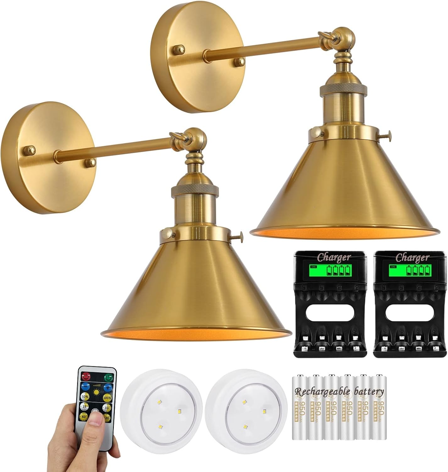 Industrial Battery Operated Wall Sconce Set of Two Swing Arm Wall Lamp ...