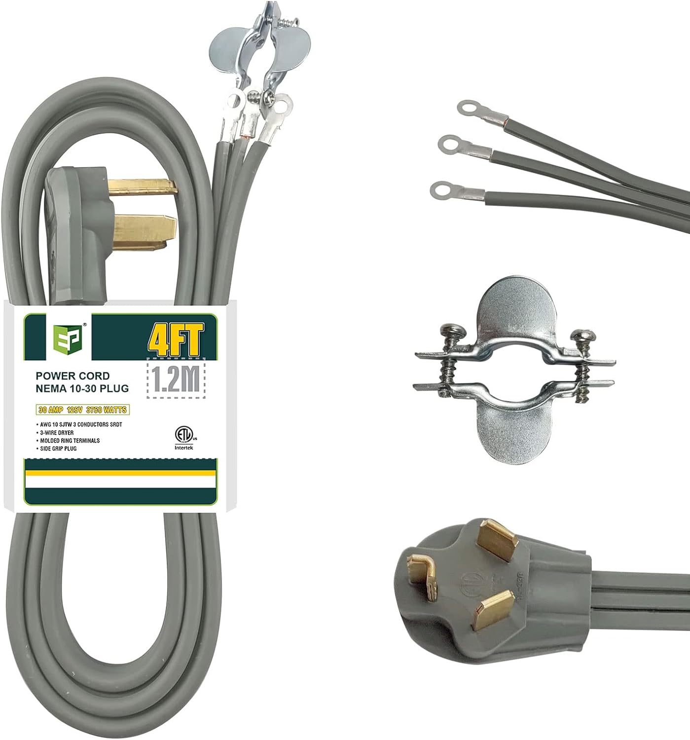 Amazon.com: EP 3 Prong Dryer Cord, 4 Ft 10/3 SRDT, 30 Amp Appliance Extension Power Cord, NEMA ...