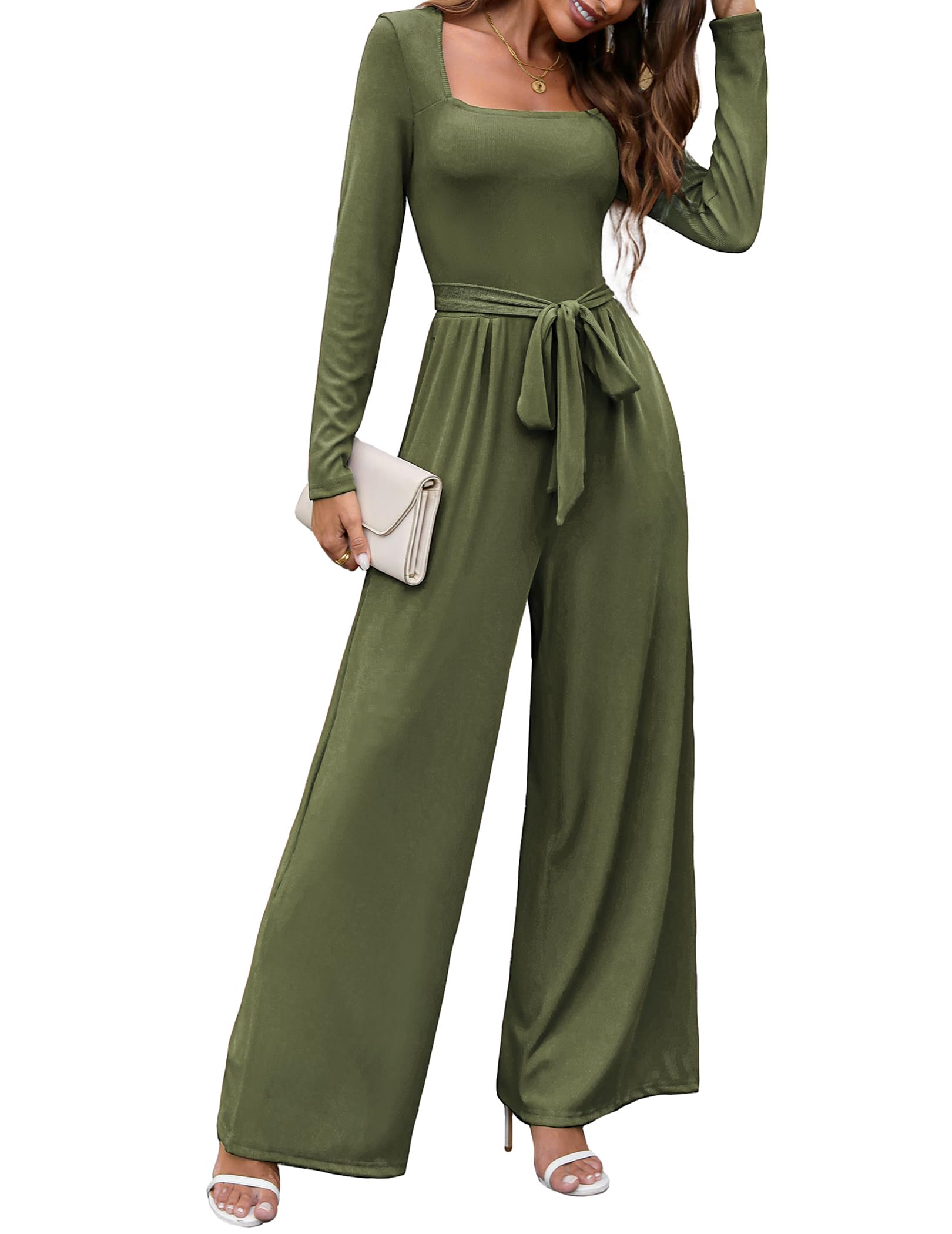 Amazon.com: LOOKBOHO Jumpsuits For Women Dressy Long Sleeve Square Neck ...