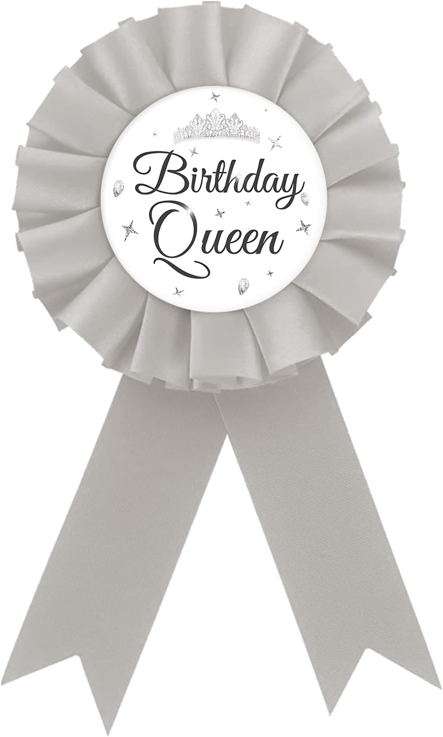 Amazon.com: Birthday Queen Tinplate Badge Pin, Silver Rosette Happy ...