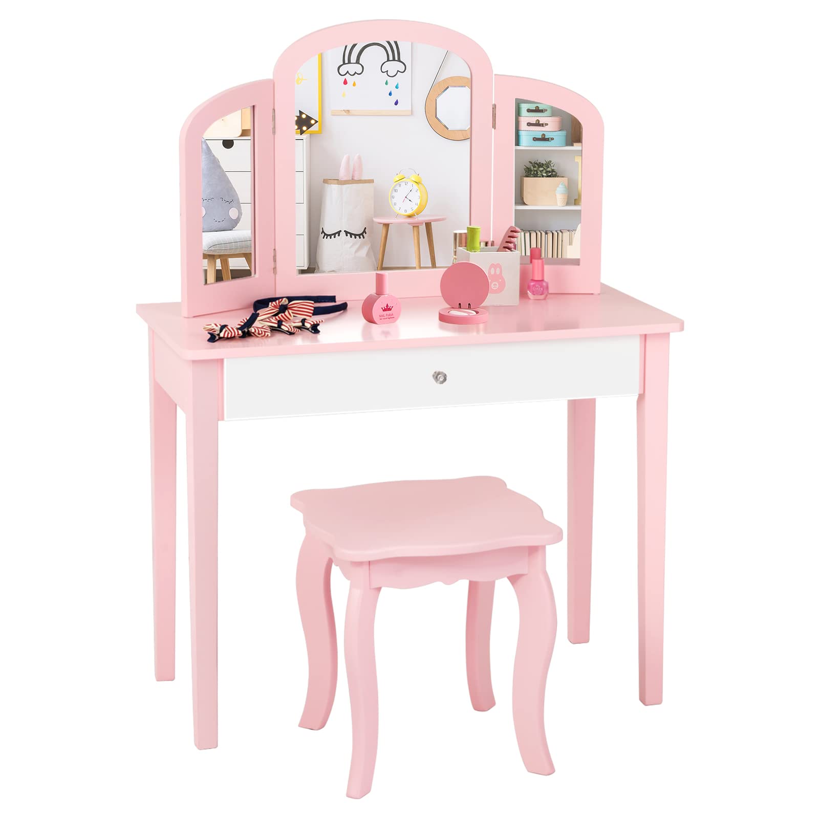 COSTWAY Kids Dressing Table with Mirror and Stool, Girls Vanity Set ...