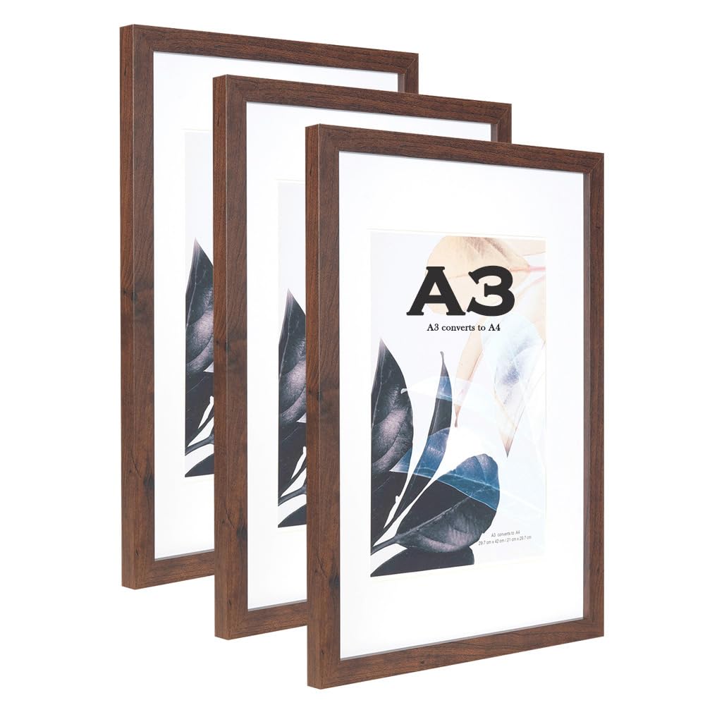 Walnut Wooden Picture Frame A3 with Mat,Set of 3, Mount for A4 Picture ...