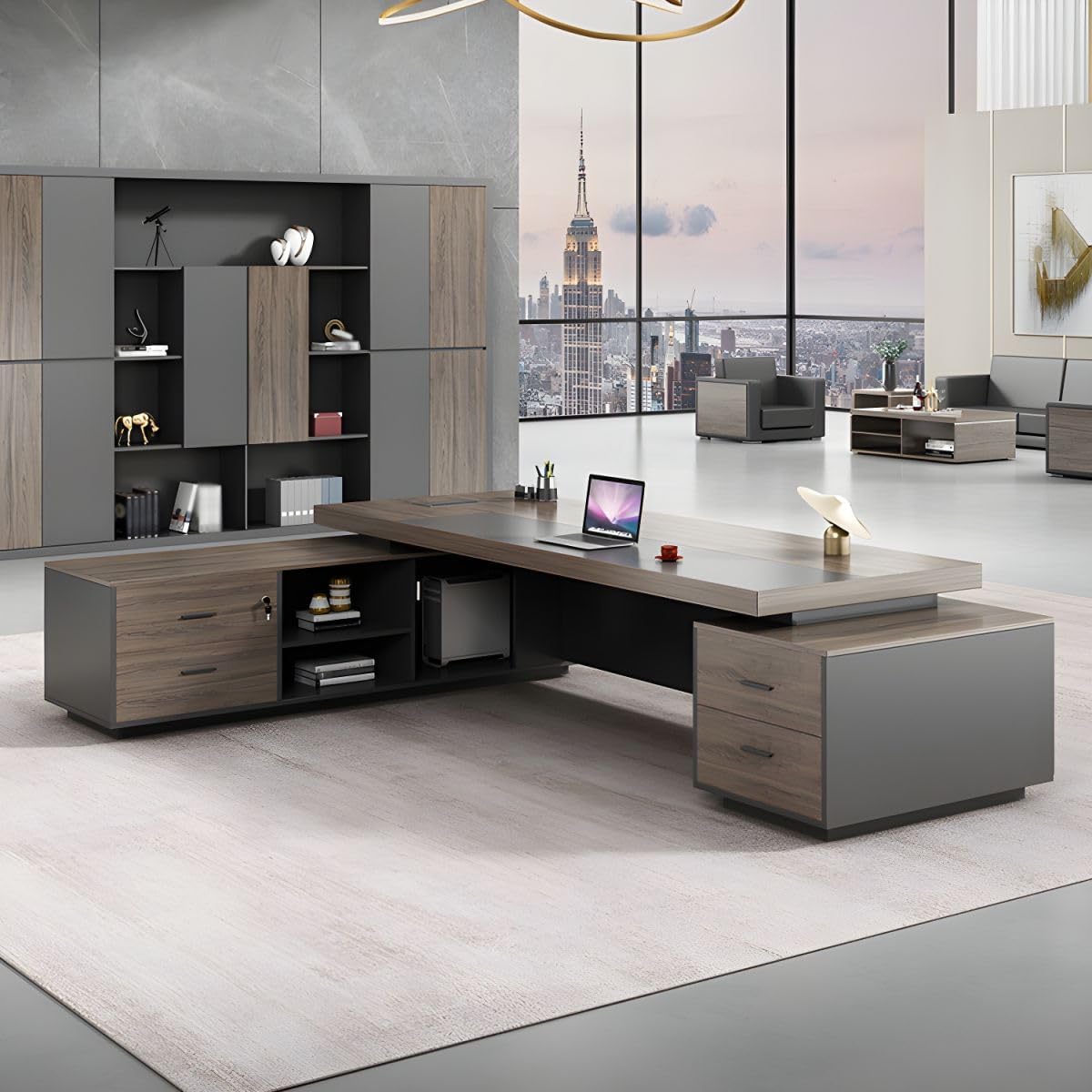 Amazon.com: KWOKING Executive Brown L-Shape Writing Desk with Drawers ...