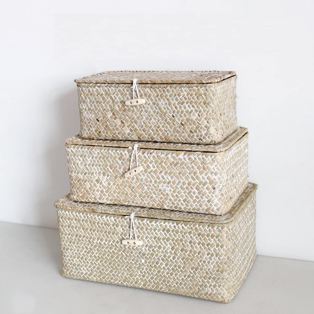 Lot de 3 paniers de rangement rectangulaires avec couvercle, jonc de ...