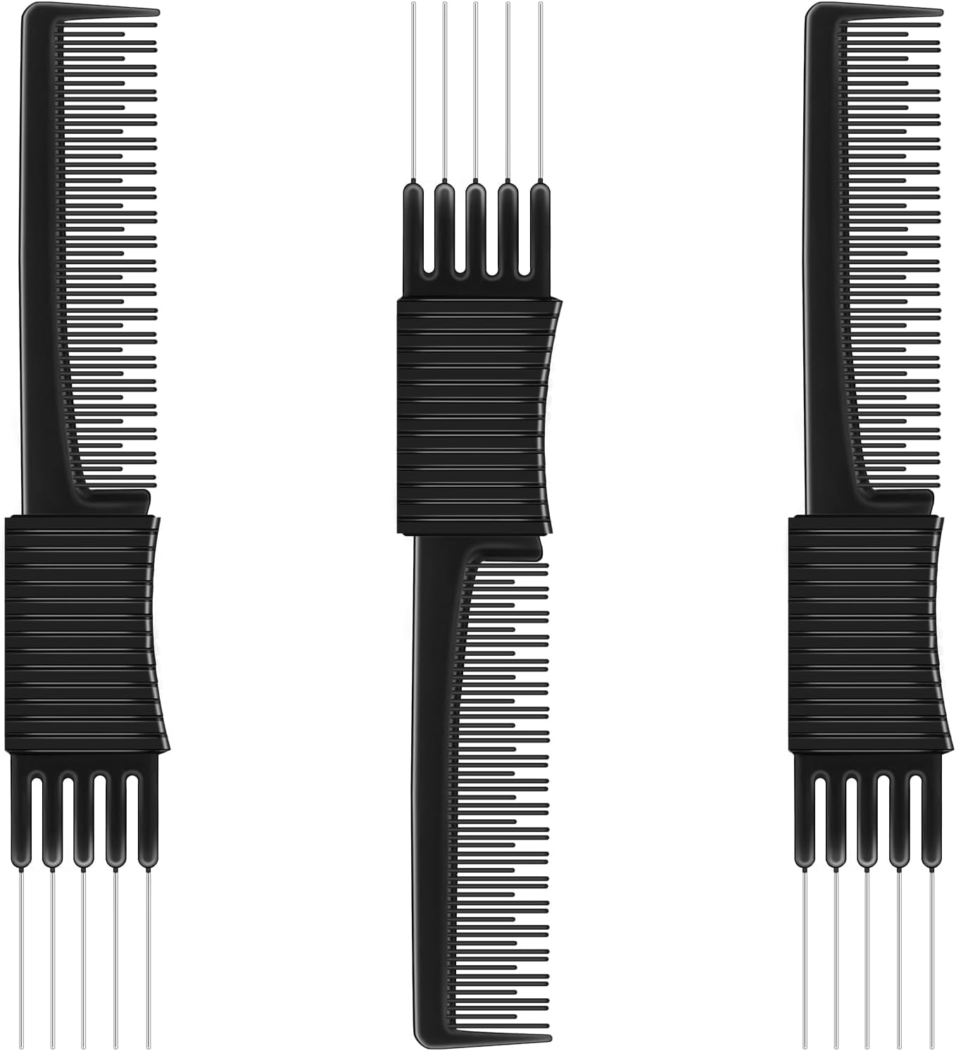 3-in-1 Black Carbon Lift Comb With Metal Pins - Styling Fork Comb With ...