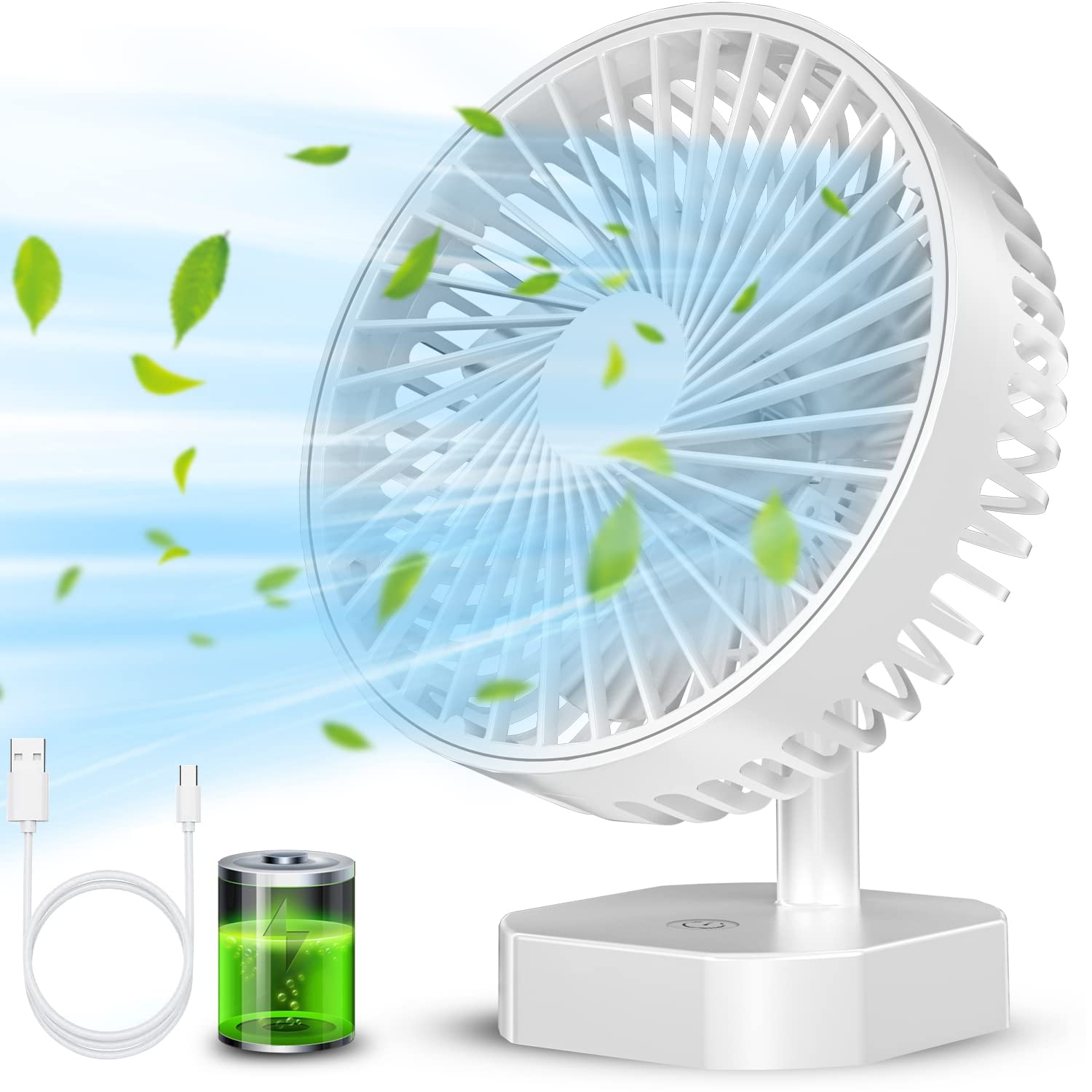 Nekuya USB Small Black Desk Fan 6.5 Inch, 5000mAh Rechargeable Mini ...