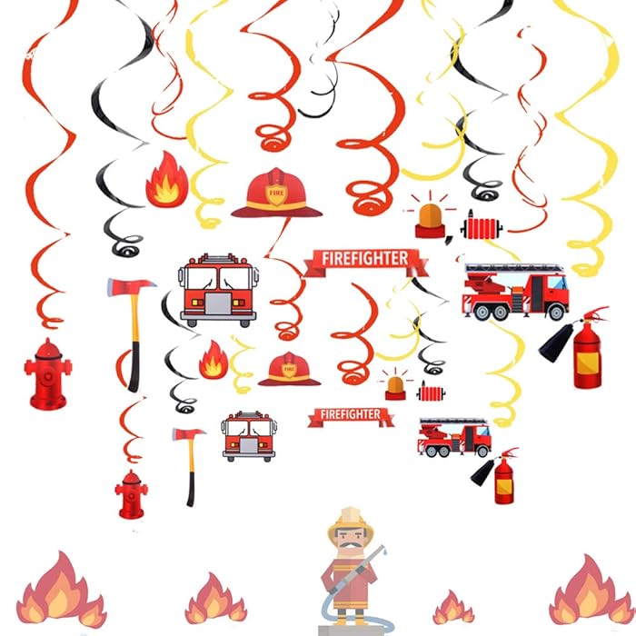 Buy LaVenty Fire Truck Birthday Banner Fire Truck Swirl Banner for ...