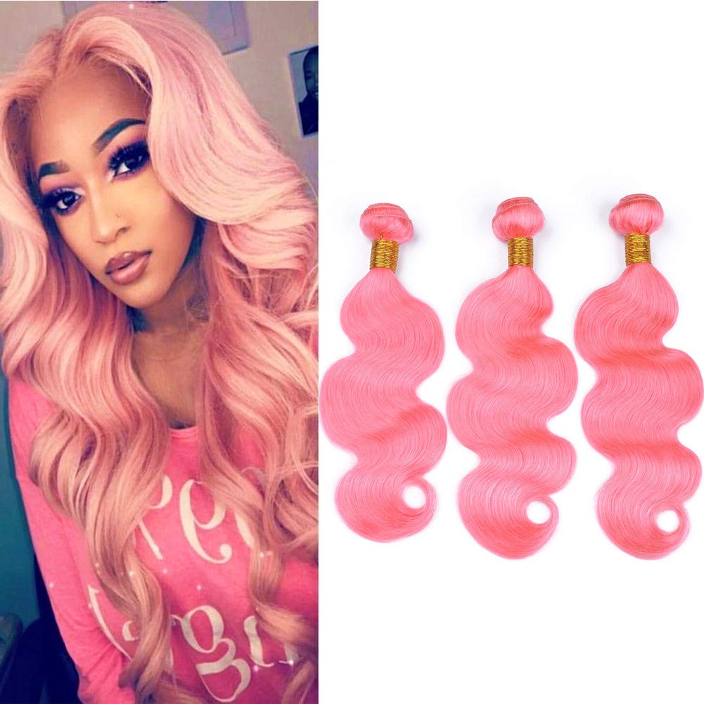 Amazon.com : Pink Color Peruvian Wavy Human Hair Bundles Rose Pink Body ...