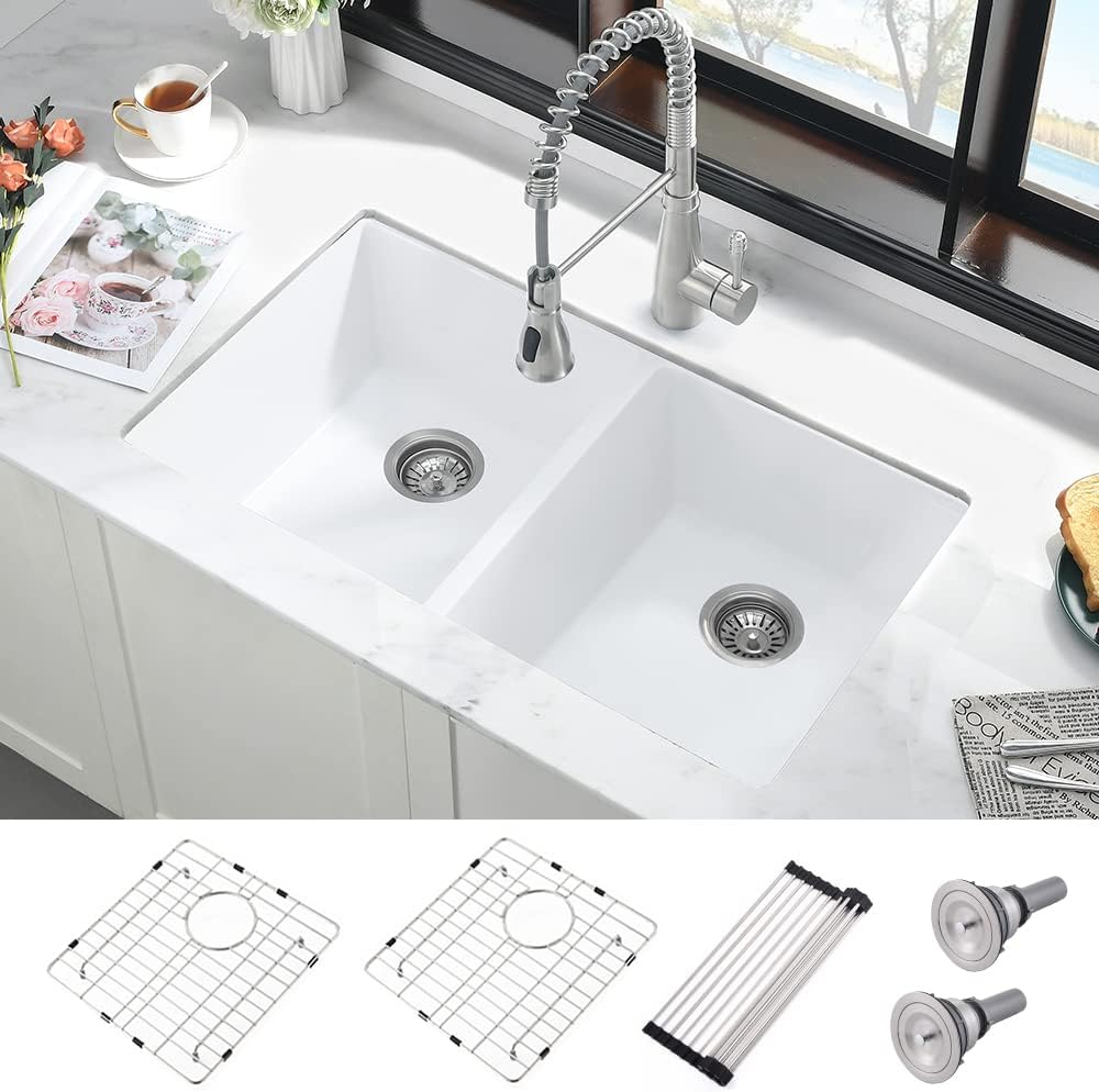 32 Inch Undermount Kitchen Sink Double Bowl-iAnomla 32x18 Undermount Sink White Quartz Composite ...