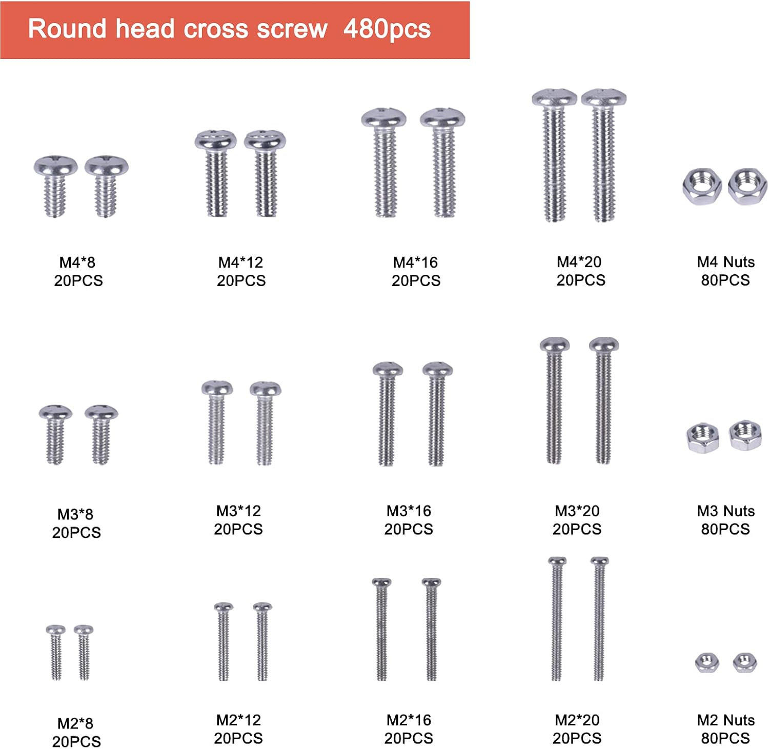 480 Pcs Bolts & Nuts Set, Cross Recessed Round Head Screws M2 M3 M4 ...