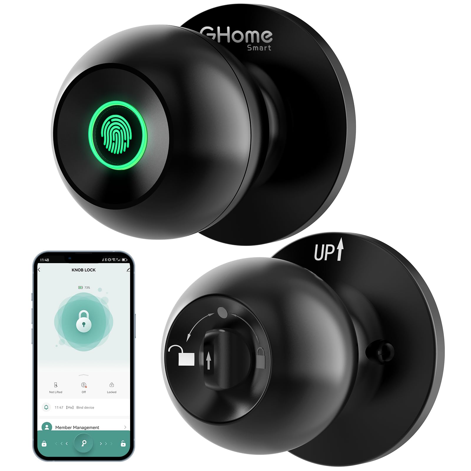 GHome Smart Fingerprint Door Lock, 3 in 1 Smart Door Knob with App ...