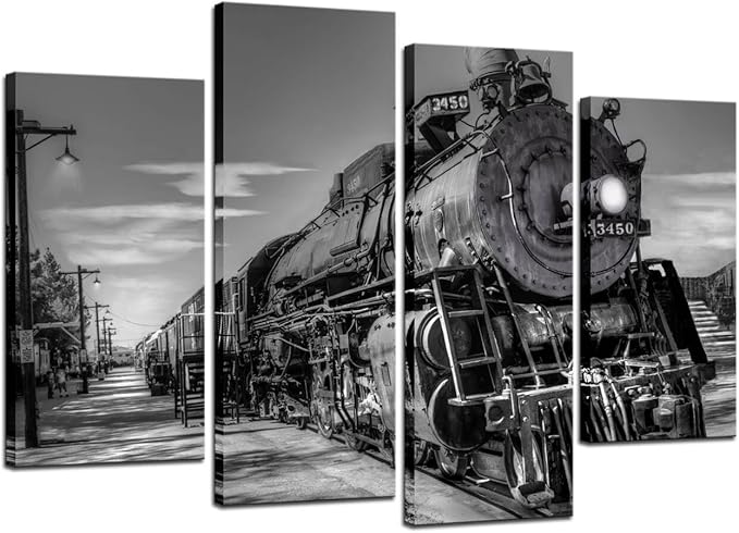 Amazon.com: iHAPPYWALL 4 Panel Train Canvas Wall Art Vintage Black and ...