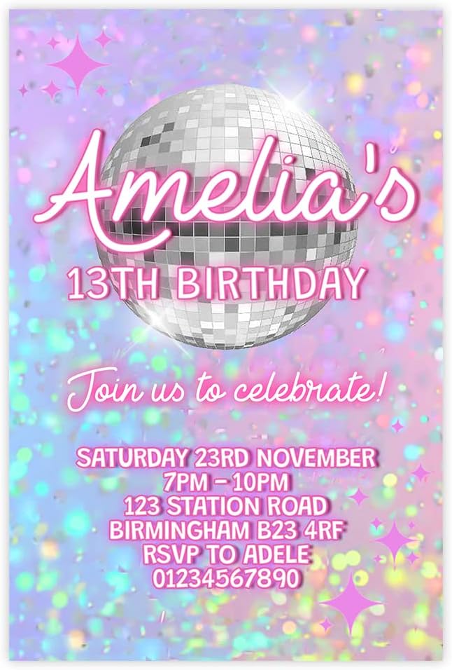 Personalised Disco Party Invitations, Girls Disco Ball Invites Neon ...