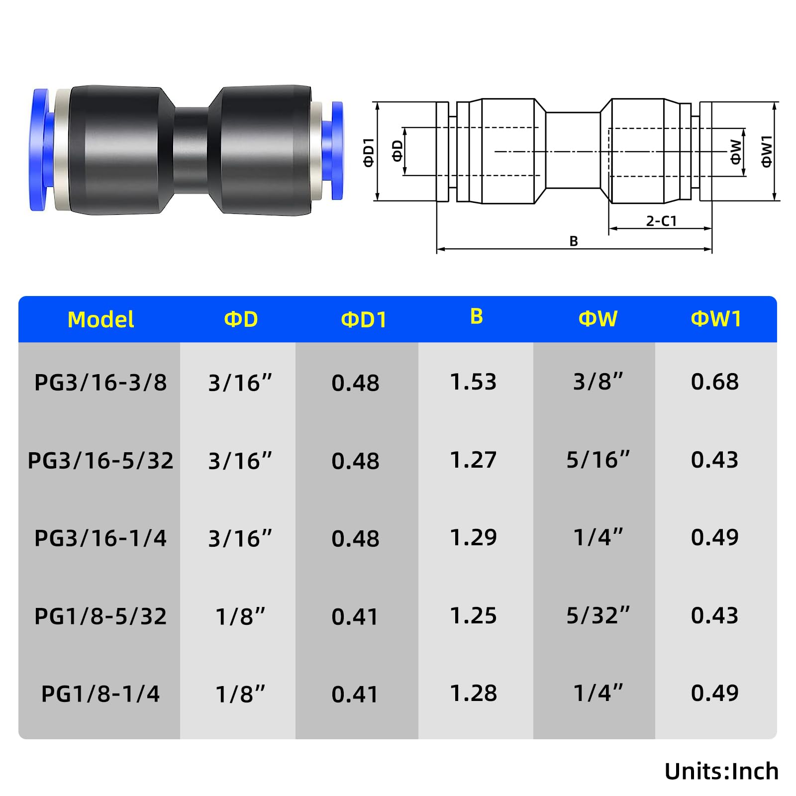 Snapklik.com : TAILONZ PNEUMATIC Blue Straight Reducing 1/8 Tube OD X 1/4 Tube OD Tube OD Push ...