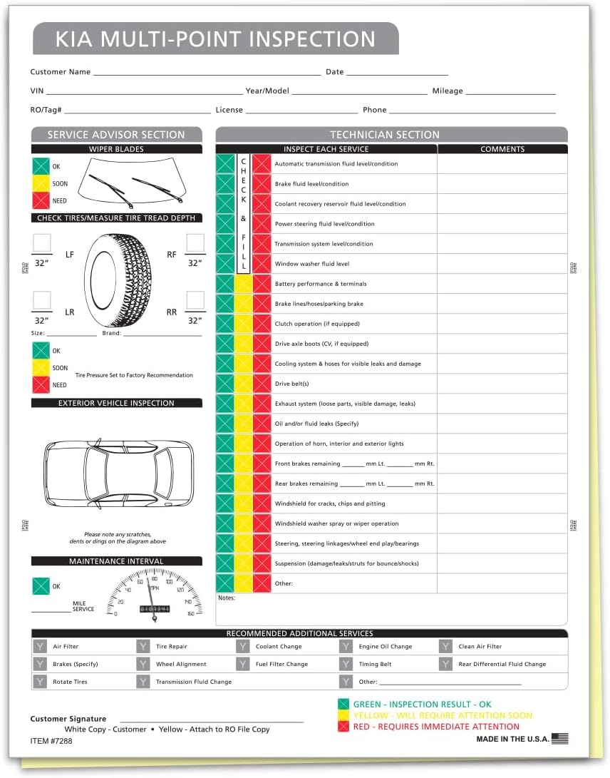 Multi-Point Inspection Form - Compatible with Kia 2 Part Carbonless ...
