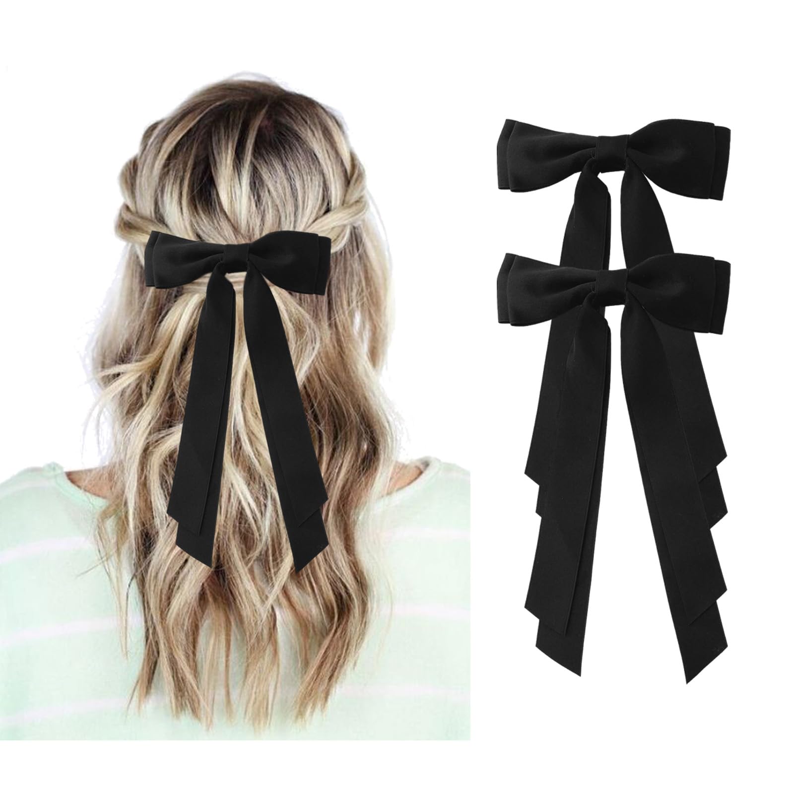 Amazon.com : Black Hair Bows for Women - 2Pcs Silkly Satin Hair Ribbon ...