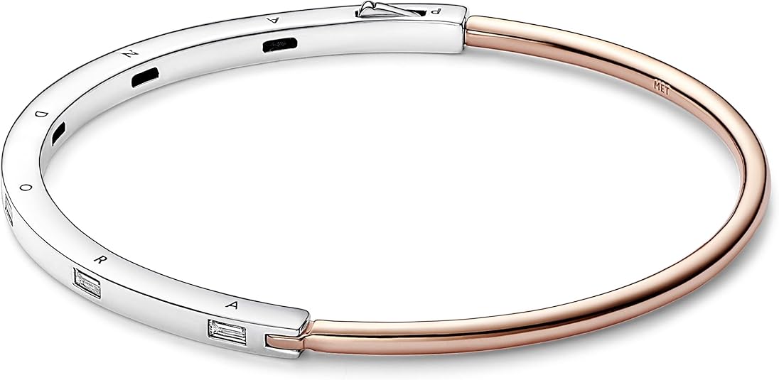 Amazon.com: Pandora Signature 雙色調 I-D 密釘手鐲 582740C01-2, 純銀,14k 玫瑰金 : 服裝 ...