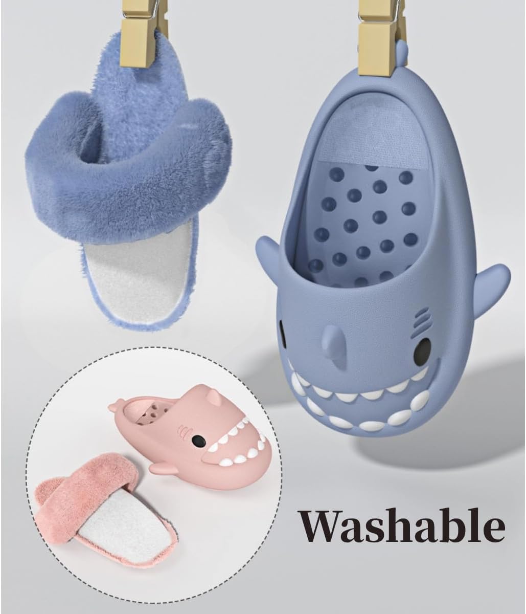 Shark Fuzzy Slippers Women Men Cute Cartoon Plush Fluffy House Shoes ...
