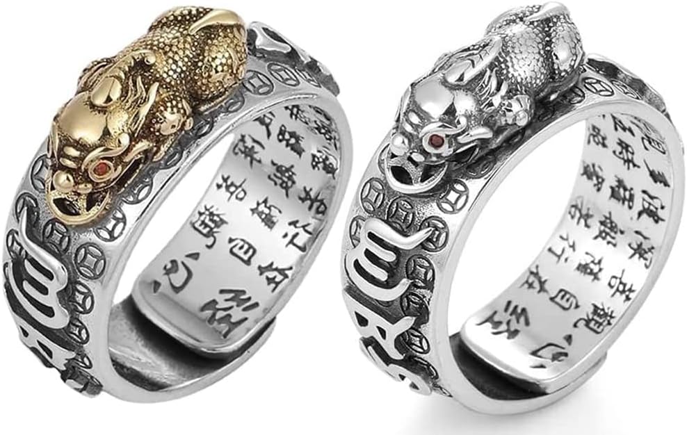 Q&D&S 2PCS Feng Shui Pixiu Ring Adjustable Buddhist Heart Sutra Ring ...