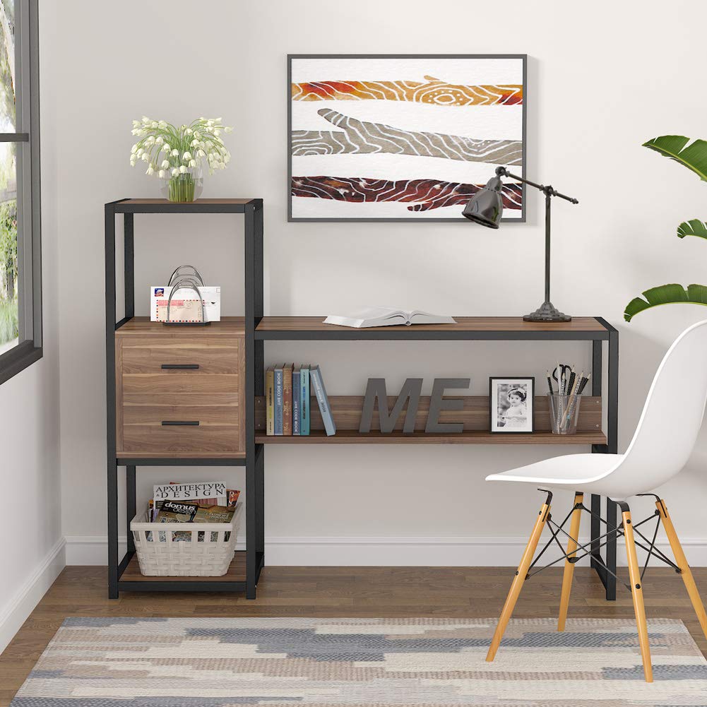 Tribesigns Rustic 55 Inches Computer Desk With 2 Drawers And Bookshelf ...