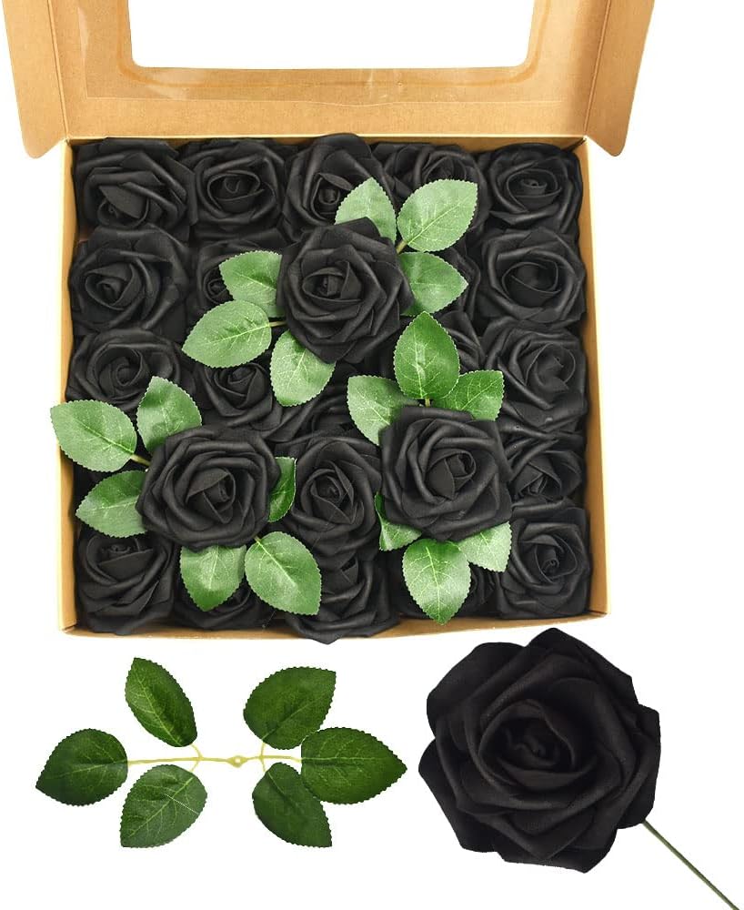 Amazon.com: Vopie Artificial Flowers Black Roses 25pcs Realistic Foam ...