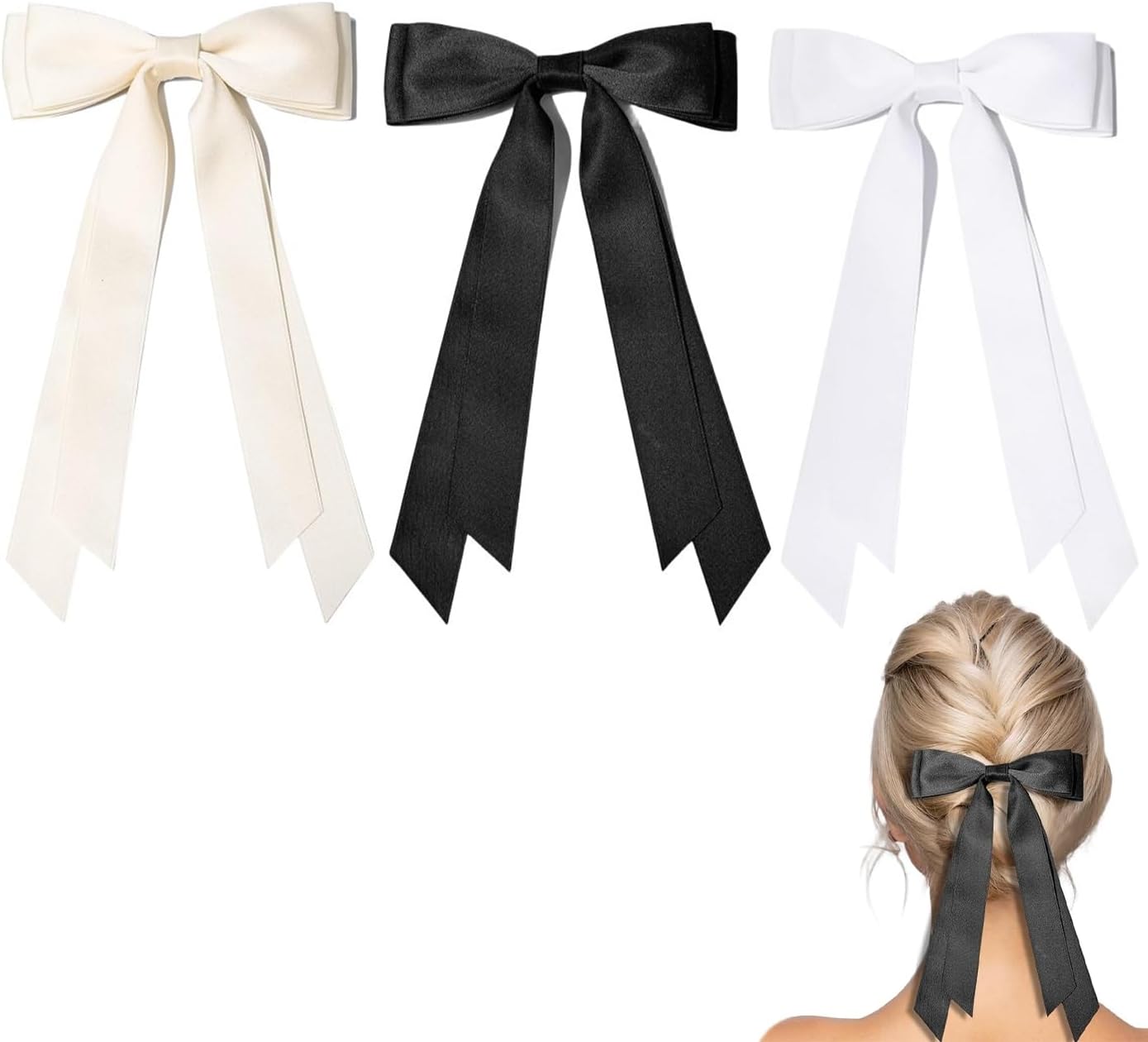 MUNSKT 3PCS Hair Bows Clip,Black White Hair Bow with Long Silky Satin ...