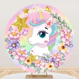 Baocicco Unicorn Round Backdrop for Birthday Spring Flower Golden Stars ...