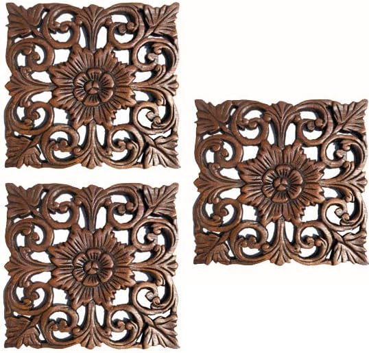 Amazon.com: Set of 3 Carved Wood Wall Plaques. Floral Wood Wall Hanging ...