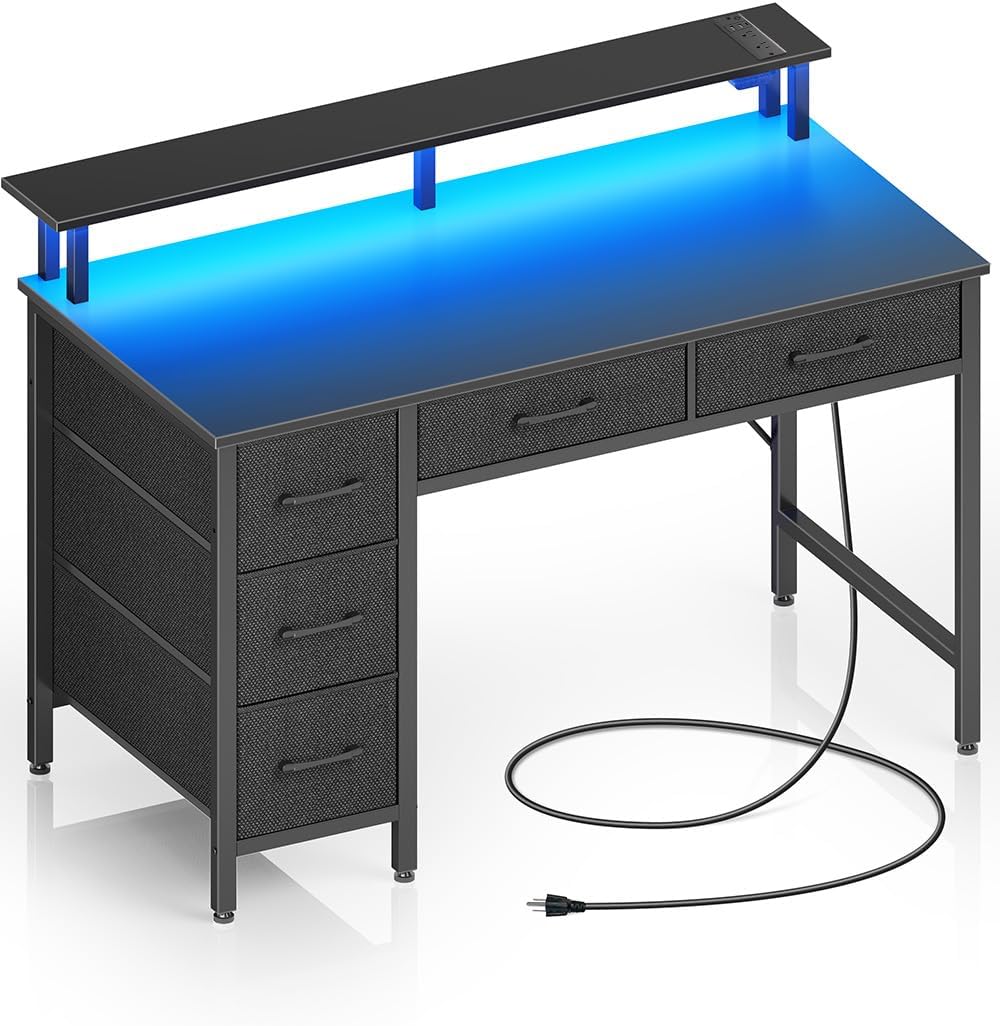 Seventable Computer Desk with Power Outlets & LED Light, 39 inch Home ...