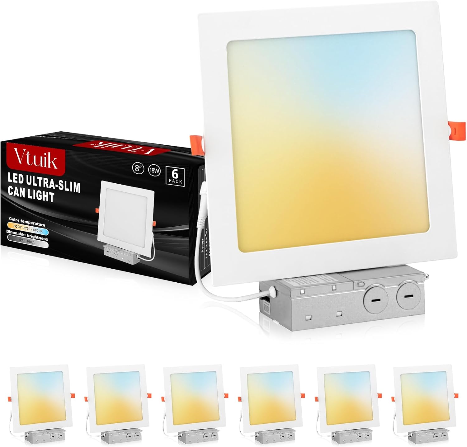 Vtuik 8 Inch Square LED Recessed Ceiling Light, Dimmable Canless Wafer ...