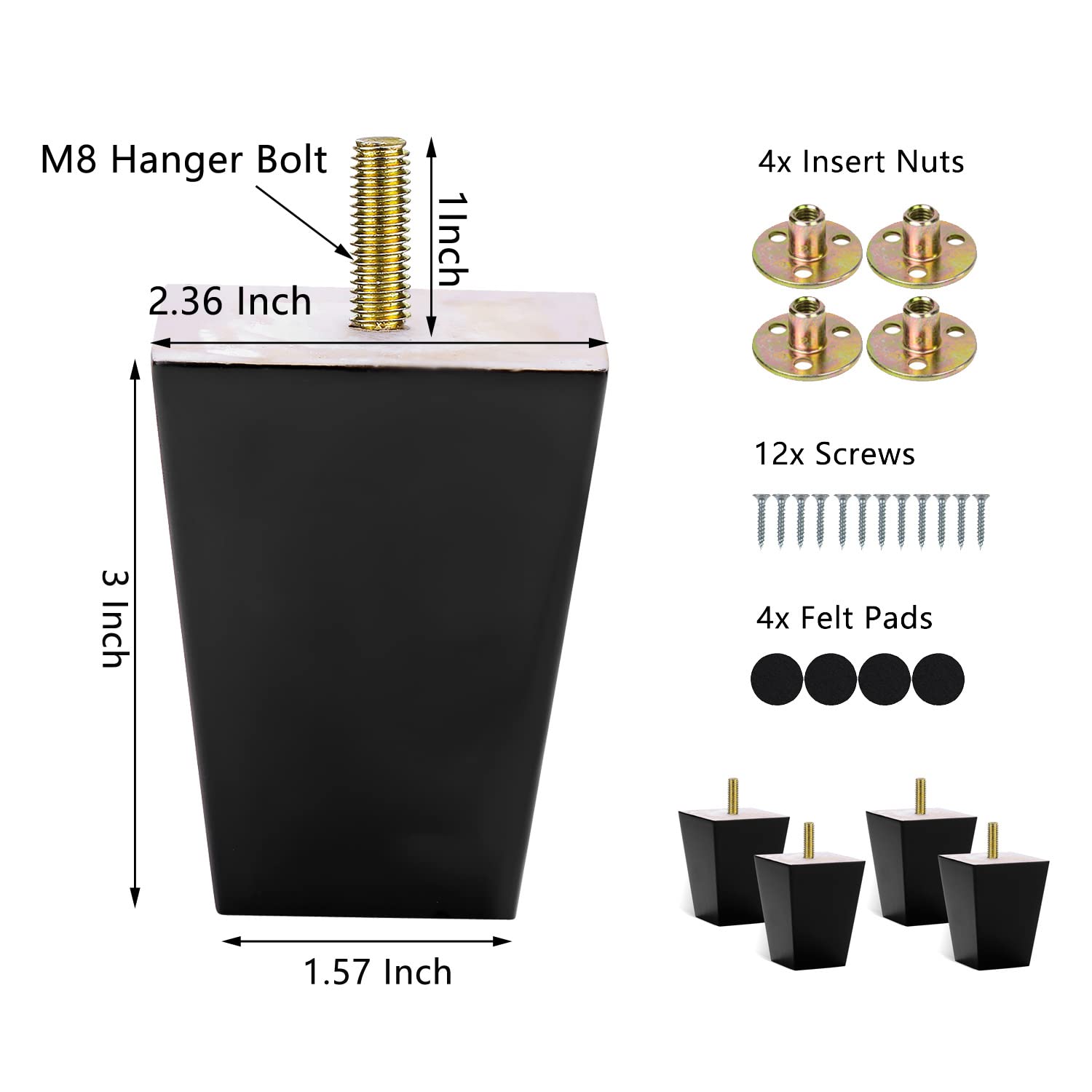 Snapklik.com : 3 Inch Black Sofa Legs Set Of 4 Square Tapared Wood ...