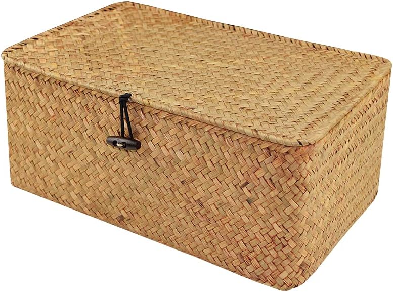 Small Wicker Storage Basket with Lid, Natural Rattan Seagrass Storage ...