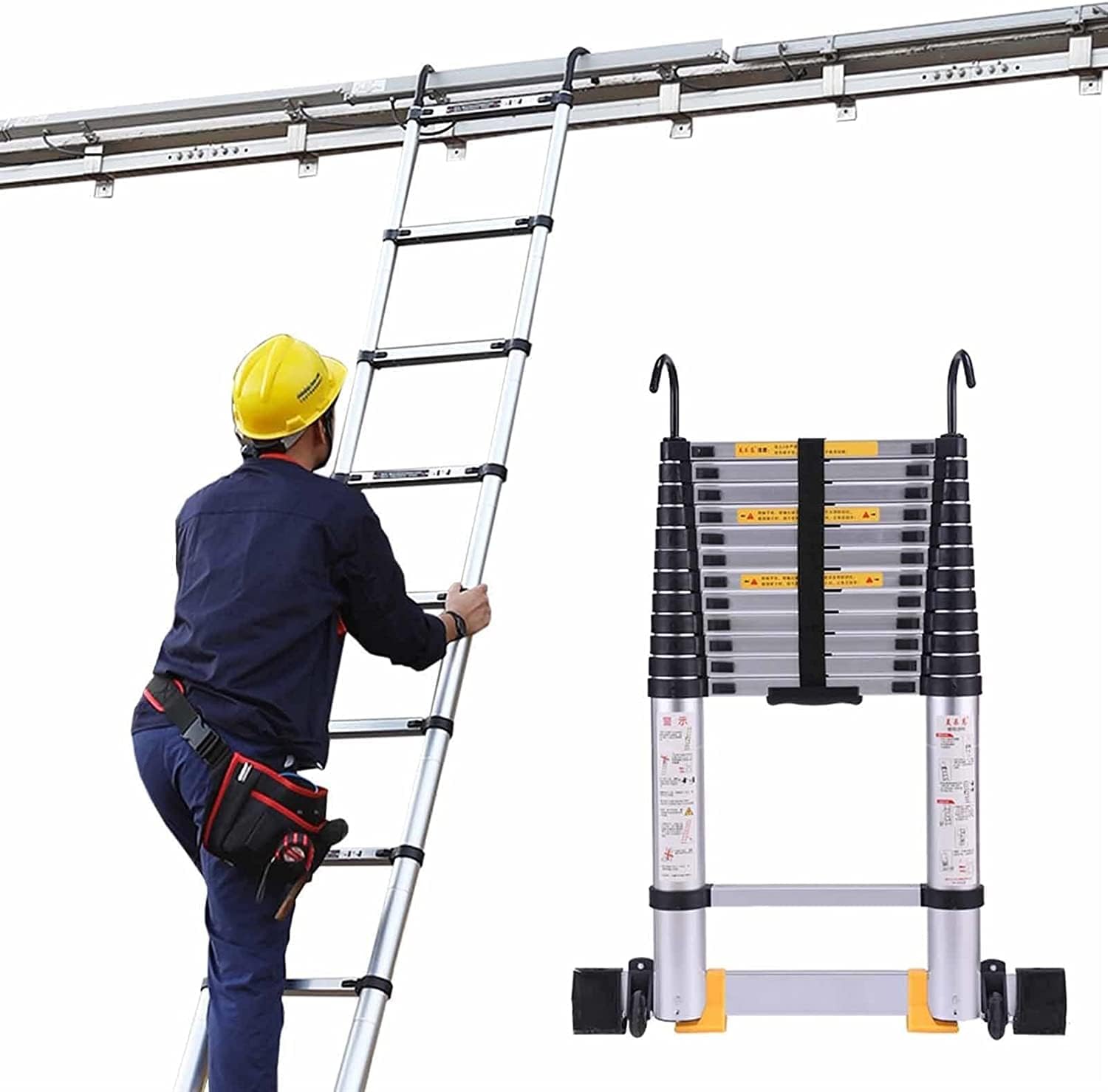 5m 6.2m 7m 8m Telescopic Extension Ladders with Hooks & Wheels ...