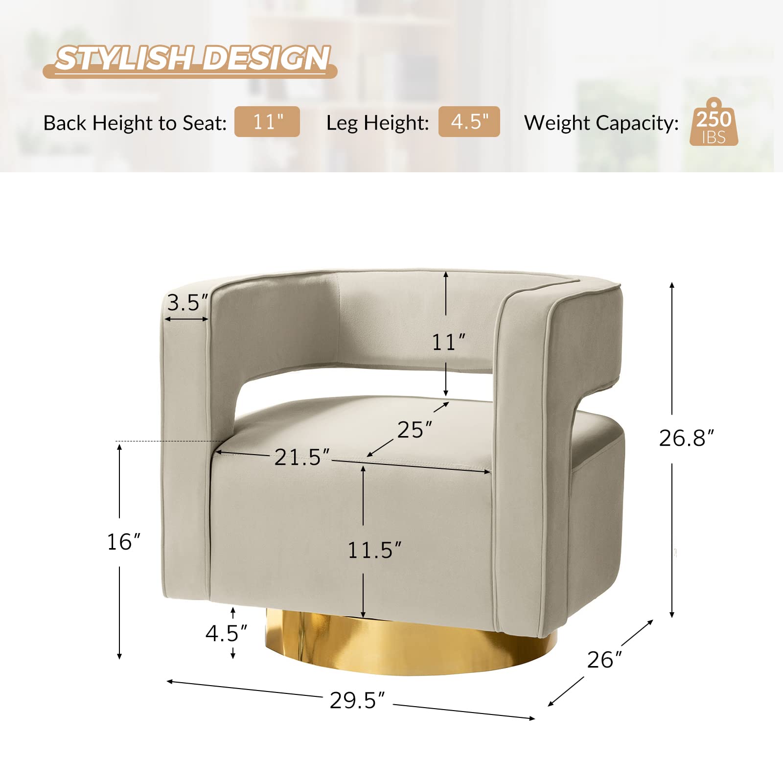 TINA'S HOME Swivel Accent Barrel Chair, Modern Velvet Armchair with 3D ...