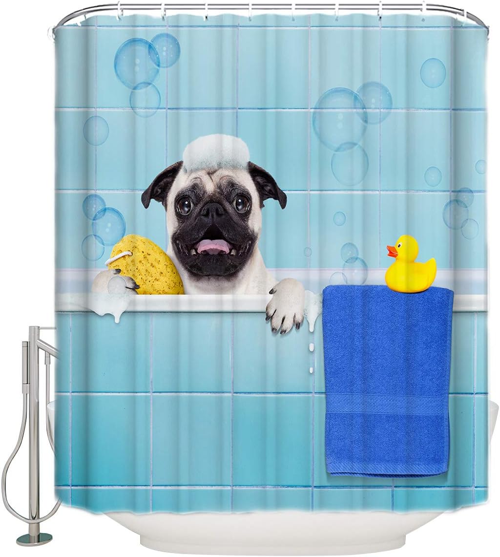 Amazon.com: ANNAMALL Shower Curtains,Funny Pug Dog Play in Bath Yellow ...