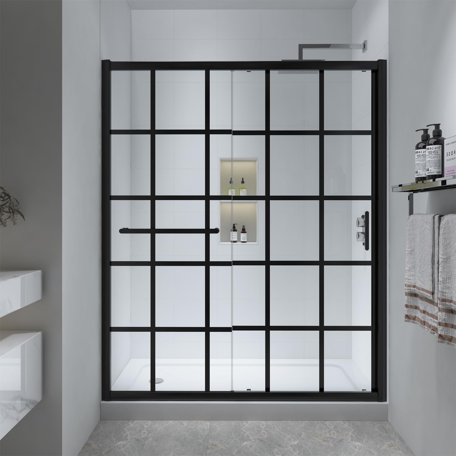 FELYL 56-60" W x 72" H Framed Grid Pattern Sliding Shower Door with 1/4 ...