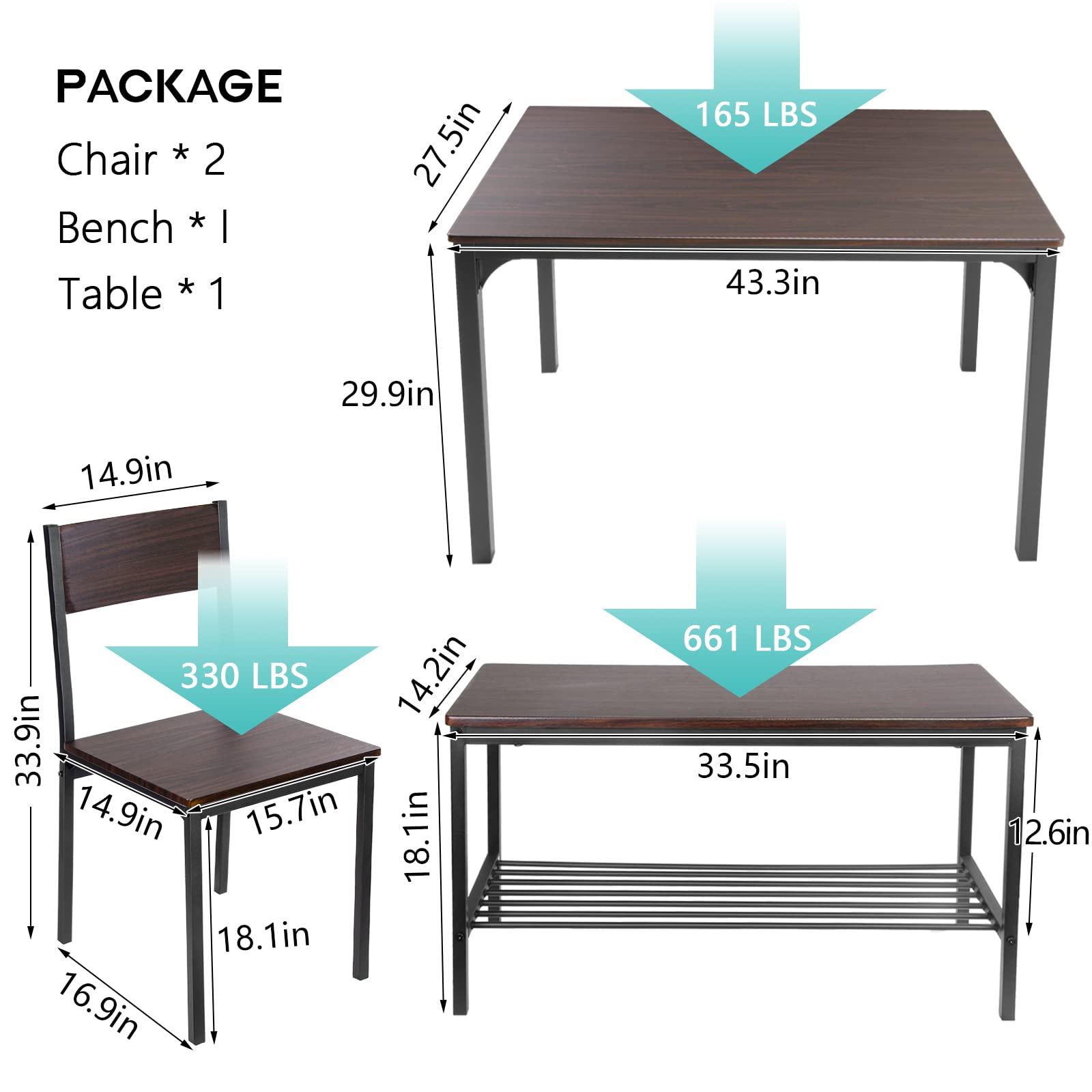 DlandHome 4 Person Dining Table Set, Dining Table with 2 Chairs and 1 ...