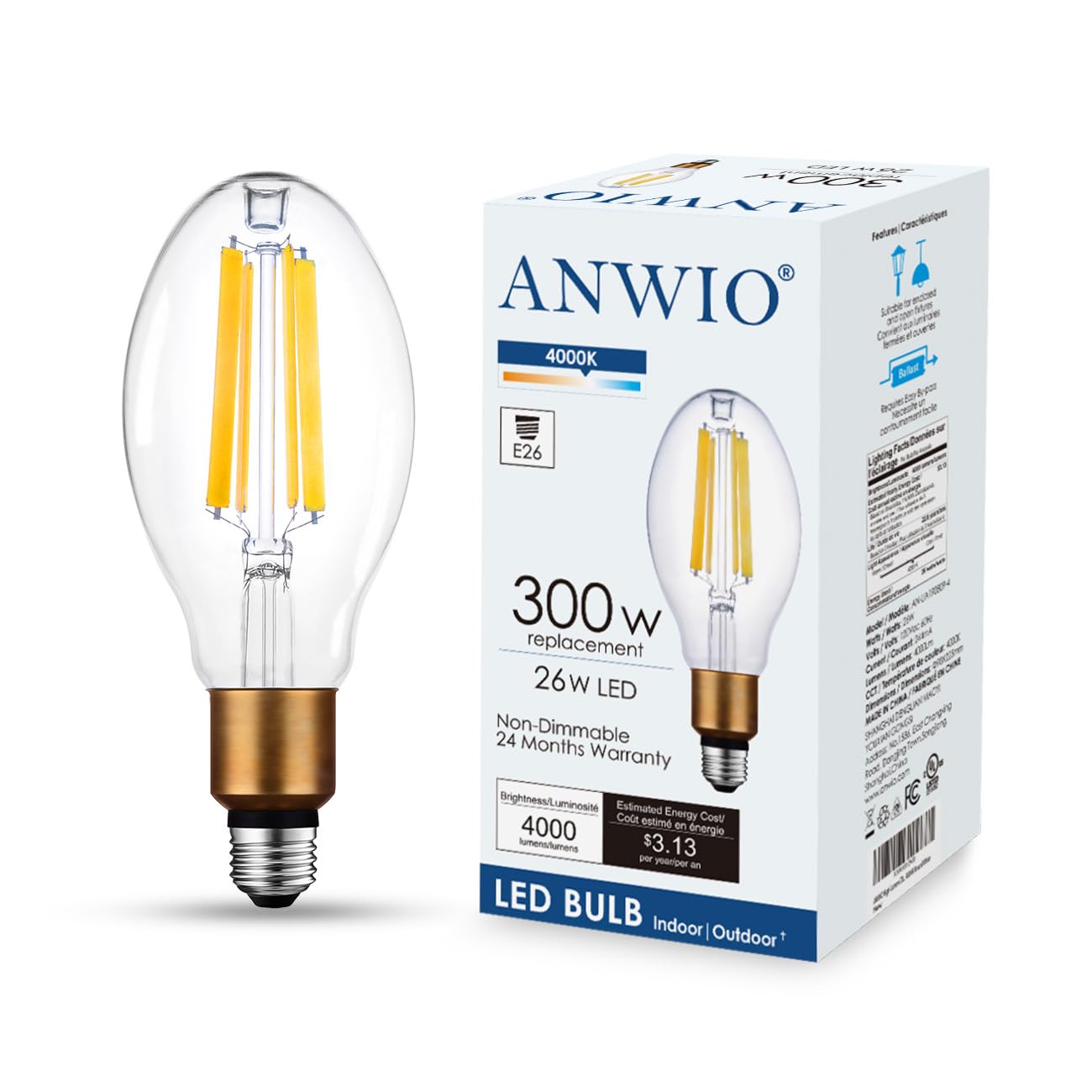 ANWIO LED ED28 Filament High Brightness Bulb, 26W(300W Incandescent ...