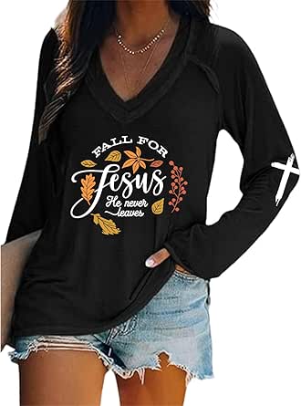 Amazon.com: Womens Fall for Jesus He Never Leaves Shirt,Faith Shirt ...
