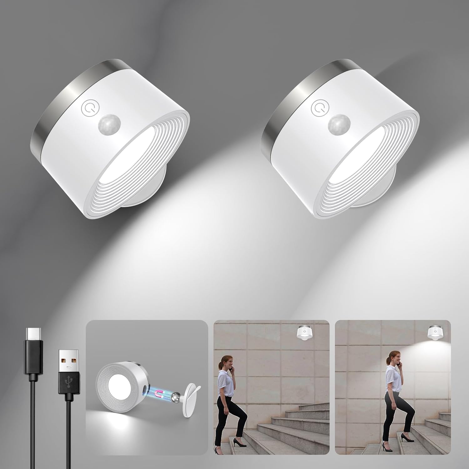 Moobibear Motion Sensor Wall Light Indoor 2Pcs, 3500mAh Rechargeable ...