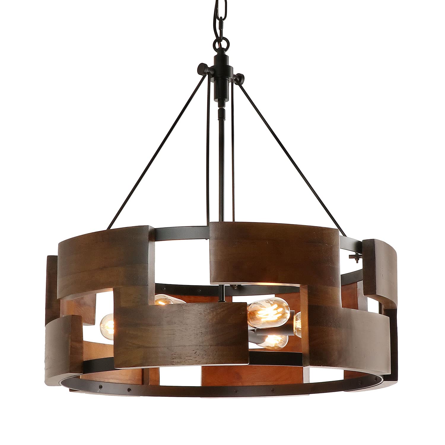 Round Wood Farmhouse Chandelier Drum-Shape Dining Room Rustic Island ...