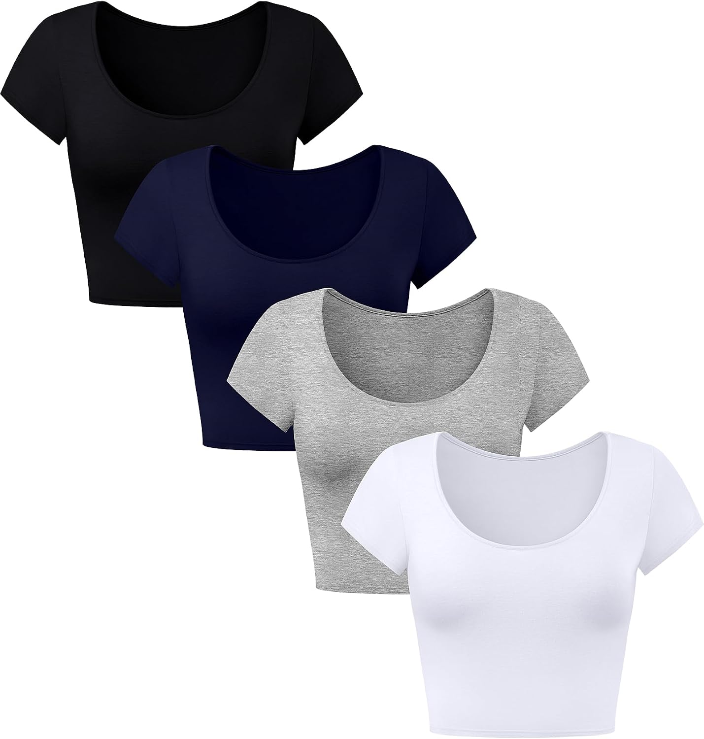 Ficerd 4 Pcs Women's Short Sleeve Crop Tops, Basic Scoop Neck Shirts ...