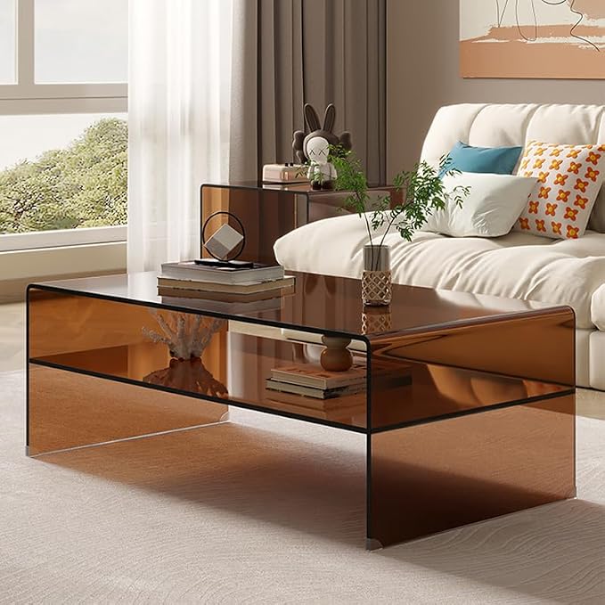 Amazon.com: LITFAD Rectangular Brown Glass Living Room Table Modern ...